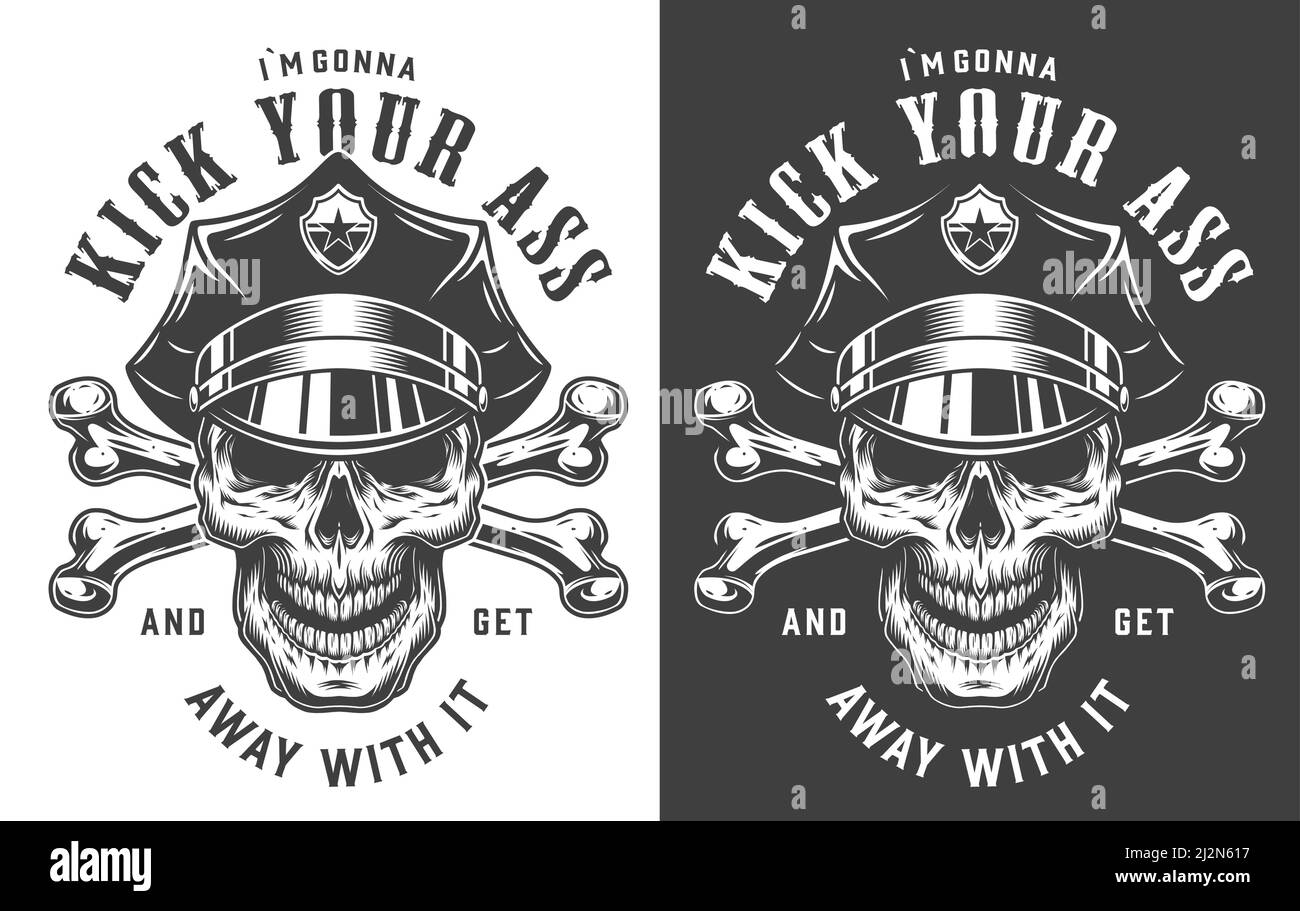 Vintage policeman emblem concept with skull in police hat and crossed ...
