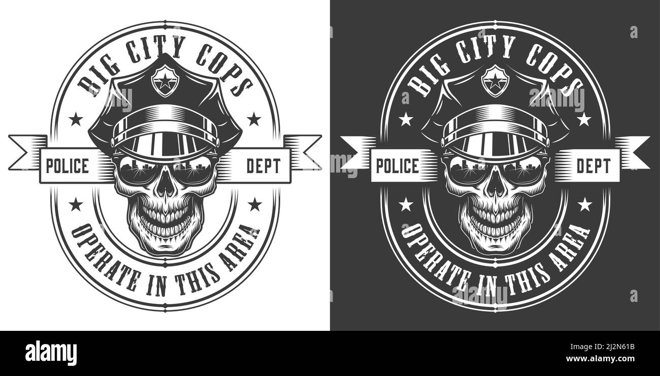 Vintage monochrome police officer logo with skull in policeman hat and ...