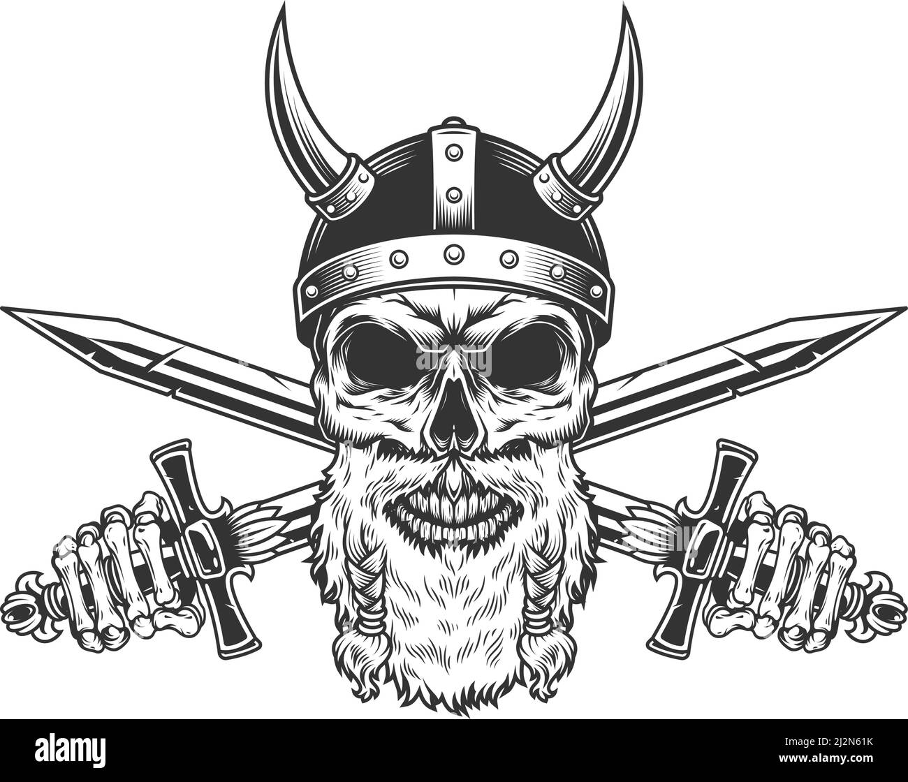 Vintage monochrome bearded viking skull in horned helmet and skeleton ...