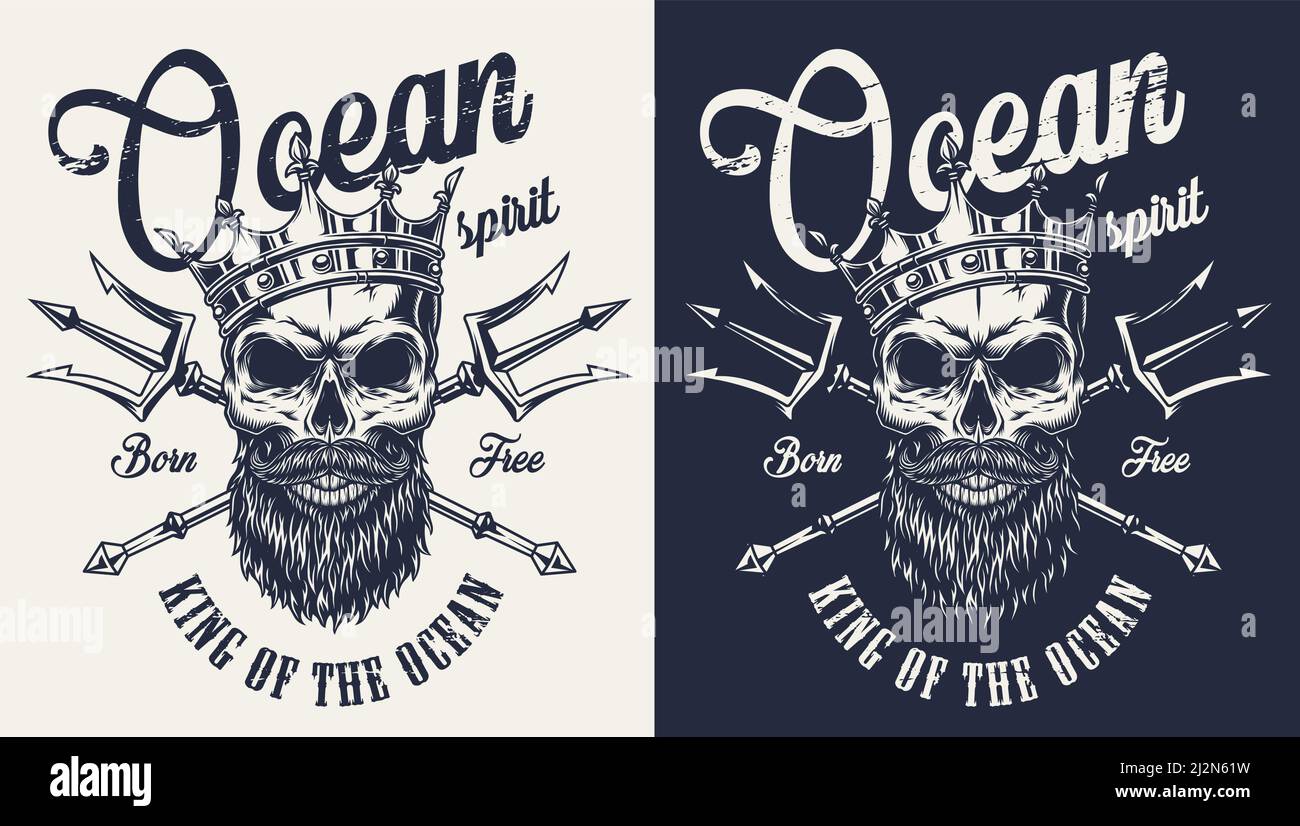 Vintage monochrome nautical label with skull in crown and crossed ...