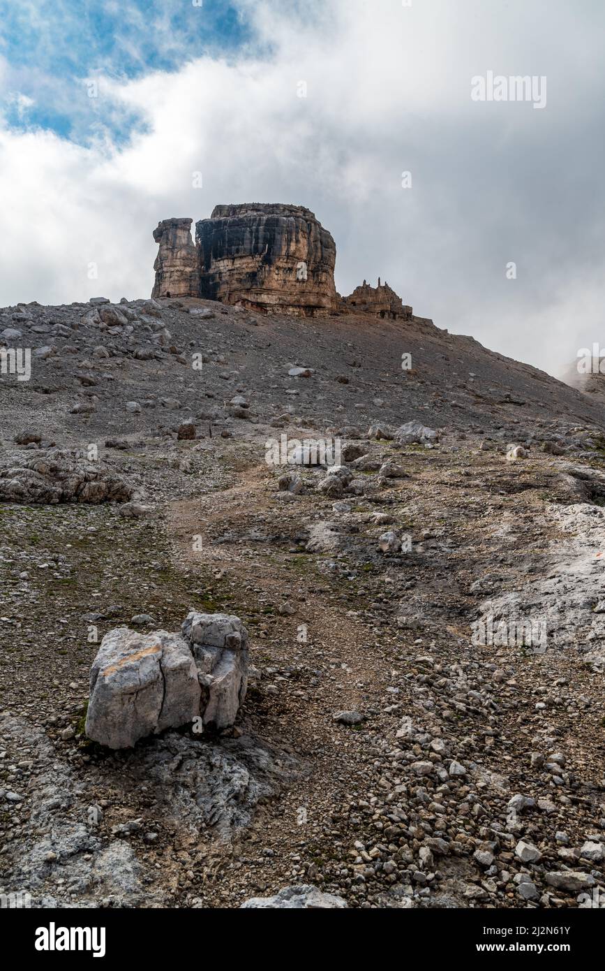 Monte Castello mountain peak with Bivacco della Pace hiut in Fanes ...
