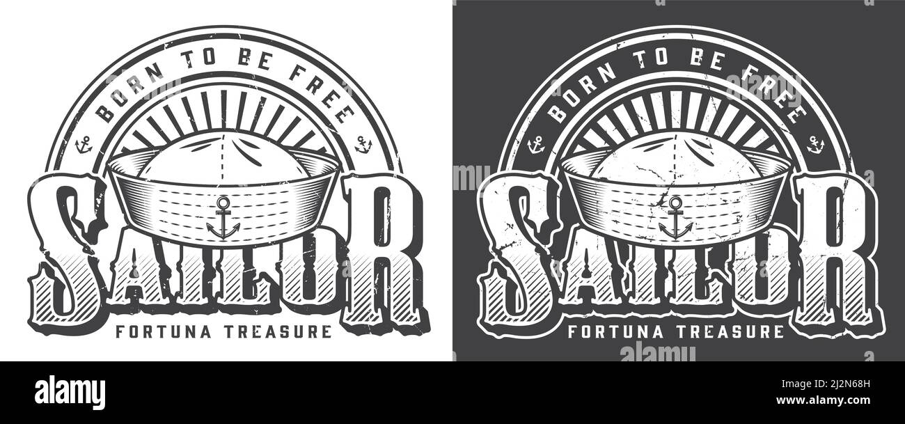 Vintage monochrome marine logotype with sailor hat and letterings ...
