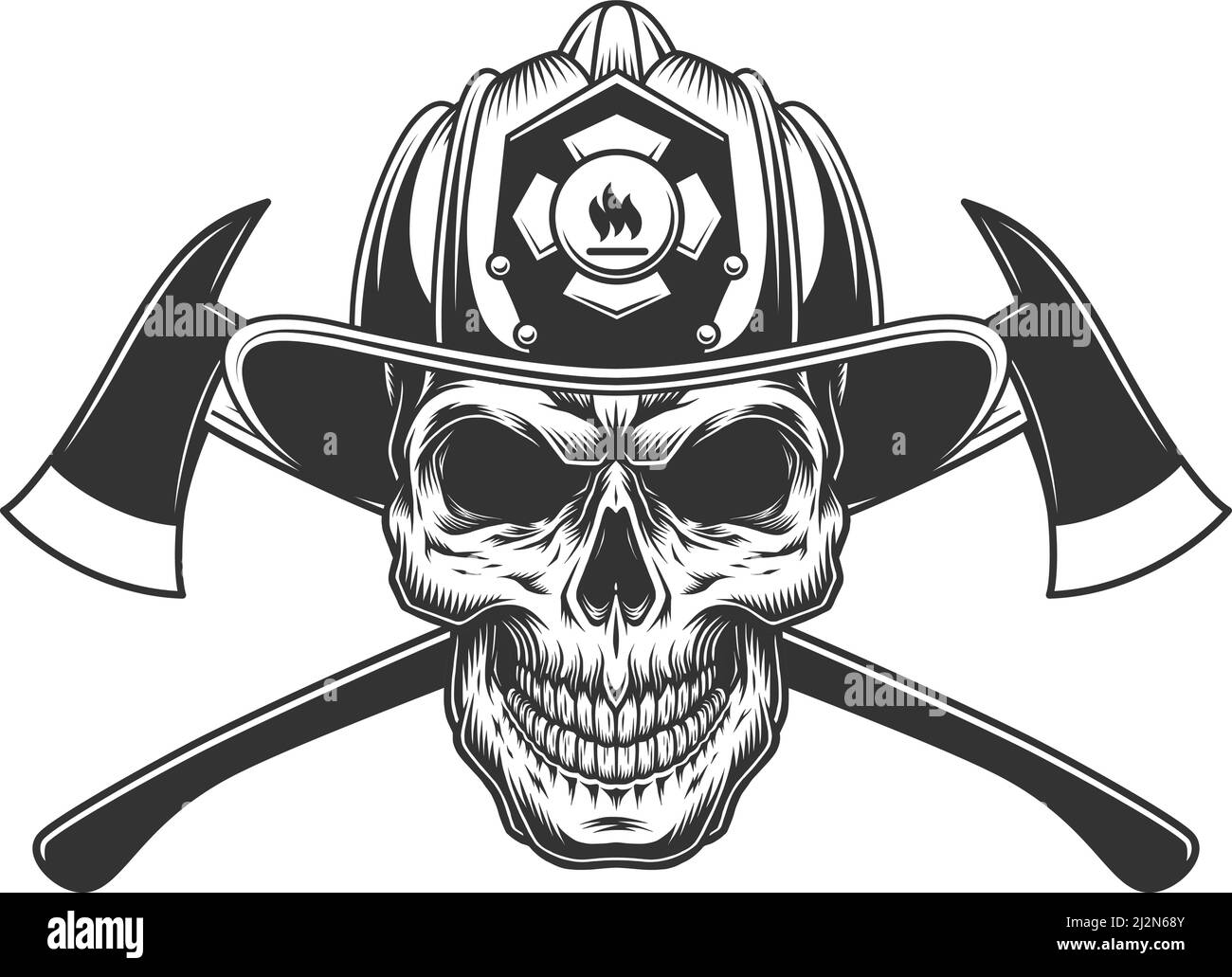 Vintage fireman skull in firefighter helmet with crossed axes in ...