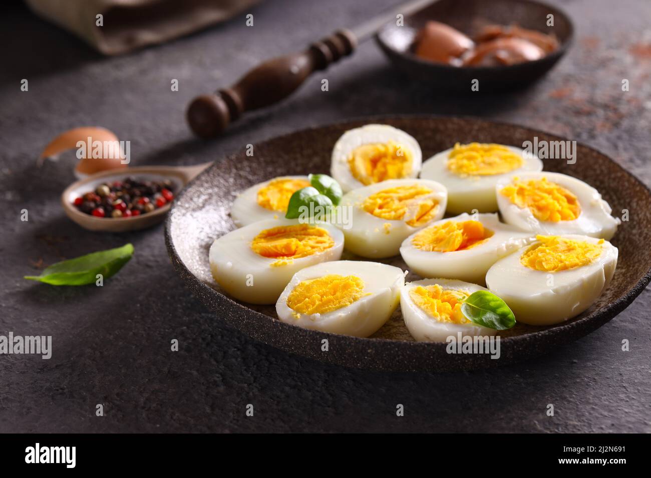fresh organic boiled eggs on the table easter time Stock Photo - Alamy