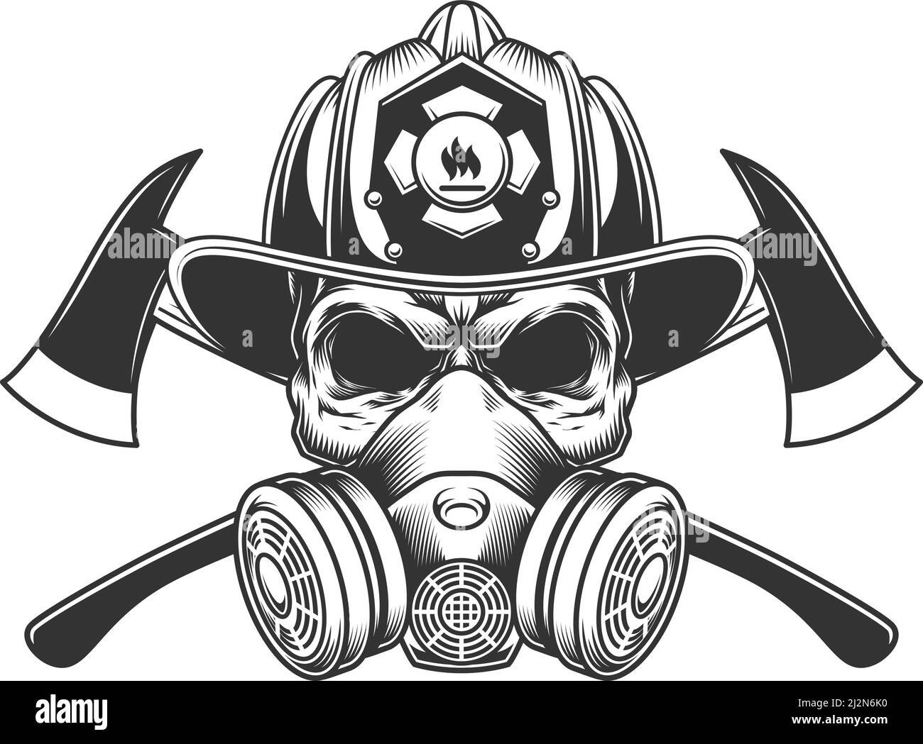 Vintage monochrome firefighter skull in fireman helmet and gas mask with crossed axes isolated ...