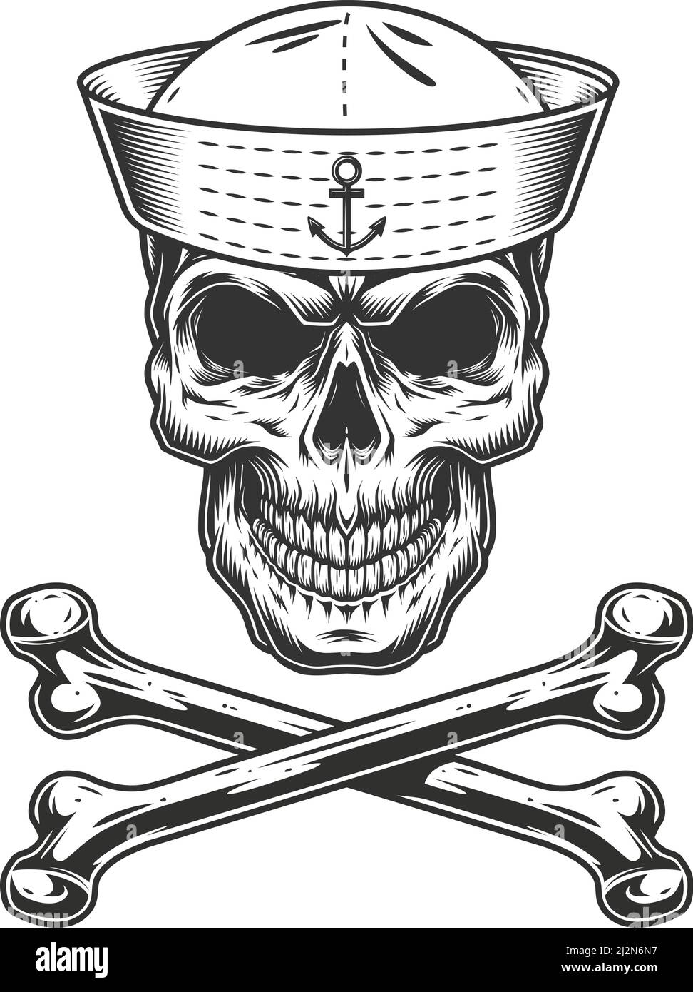Vintage monochrome sailor skull with crossbones isolated vector ...