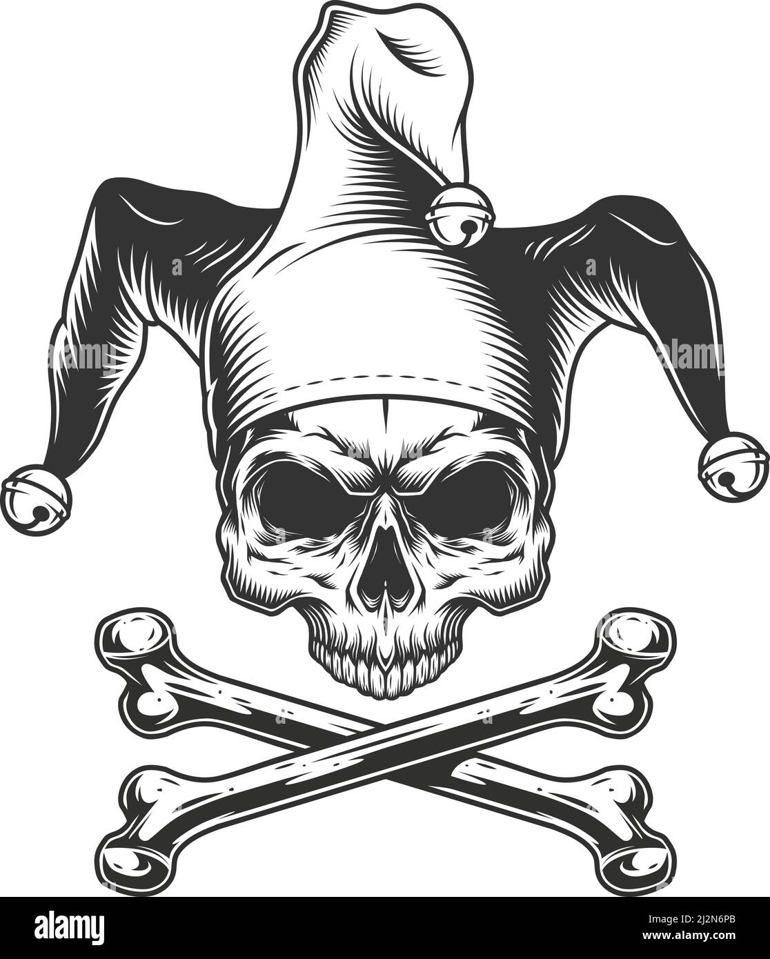 Vintage jester skull without jaw and crossbones in monochrome style ...
