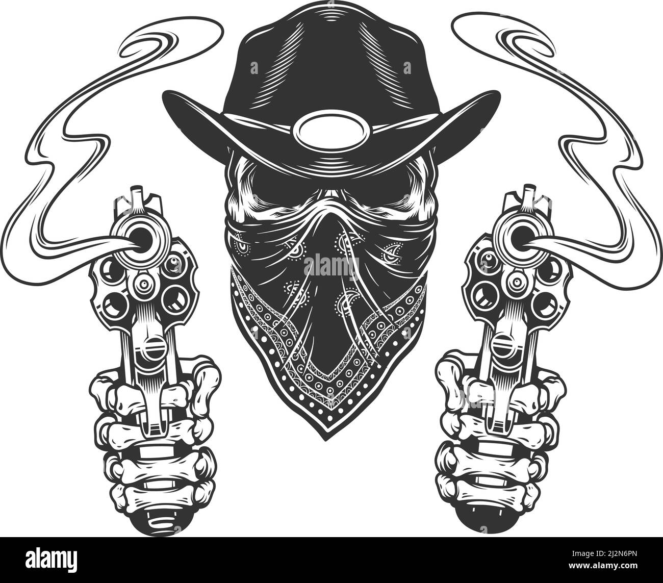 Skull in cowboy hat and scarf with skeleton hands holding revolvers in ...