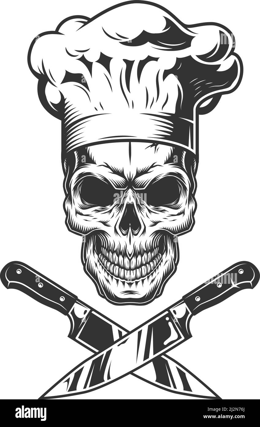 Vintage monochrome chef skull with crossed knives isolated vector ...