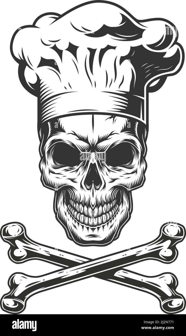 Vintage skull in chef hat with crossbones isolated vector illustration ...