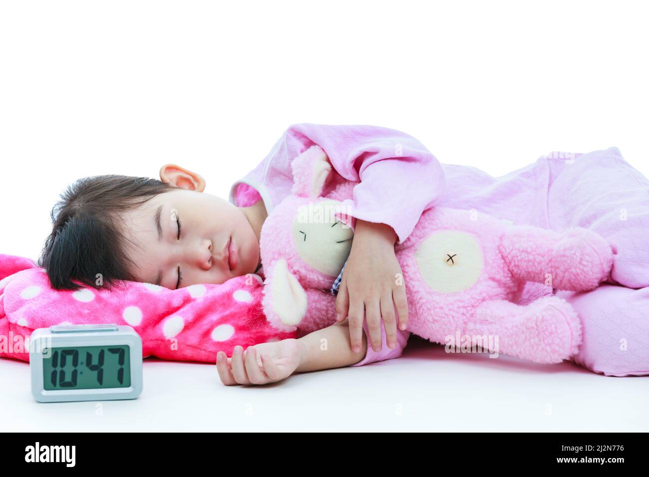 Healthy children concept. Asian child with doll sleeping peacefully ...