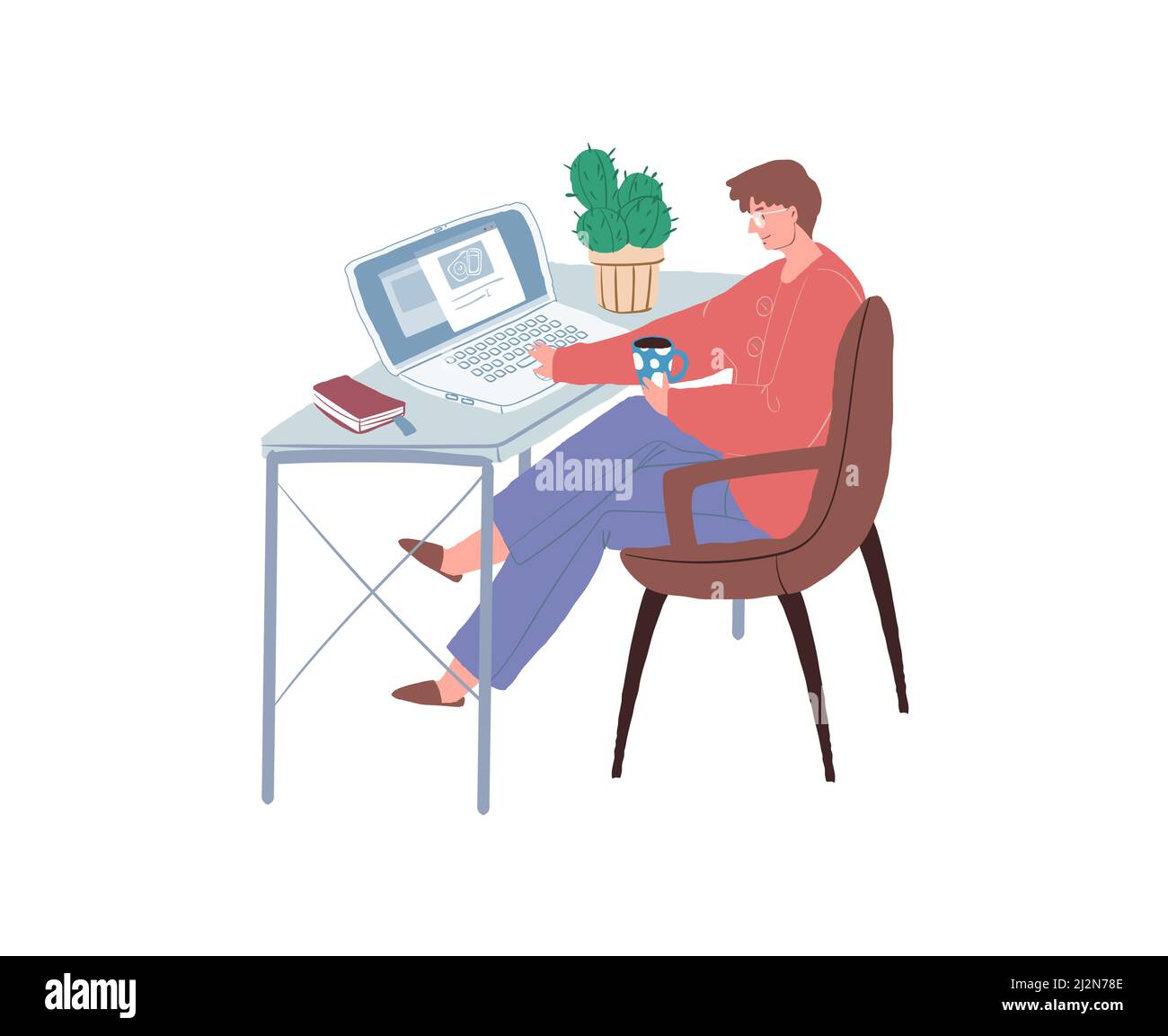 Flat cartoon man character using computer,online learning and freelance ...