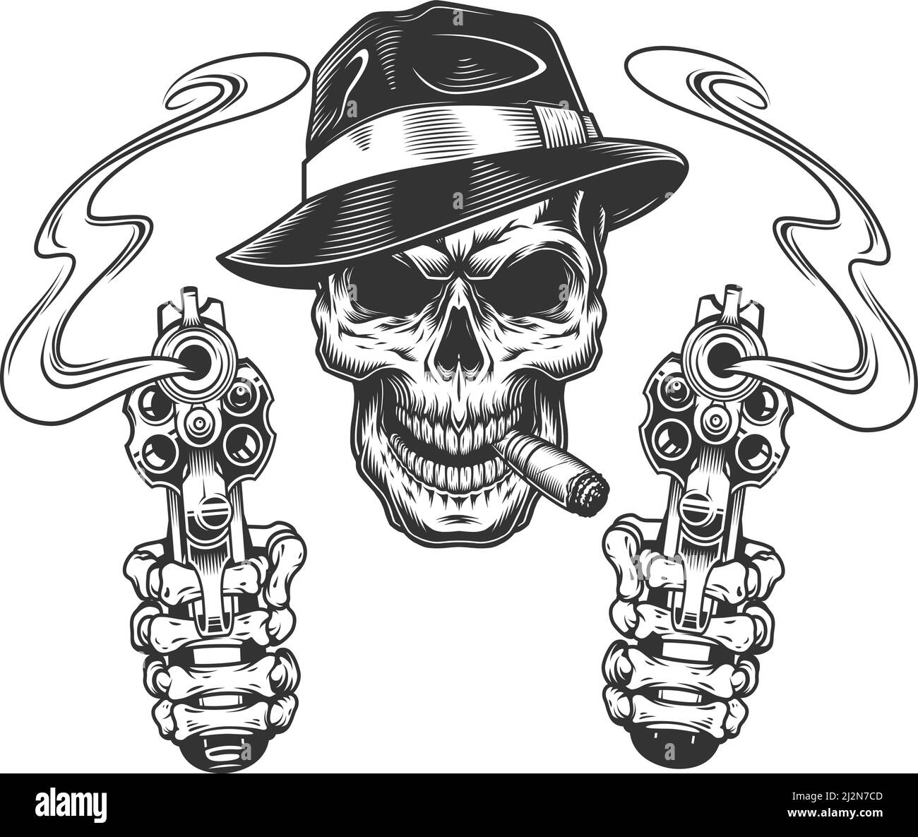 Vintage monochrome gangster skull smoking cigar with skeleton hands ...