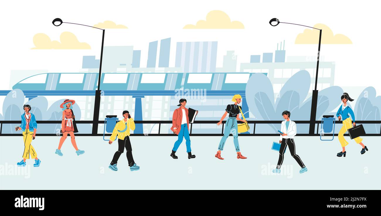 People walking city street keeping distance in public place Stock ...