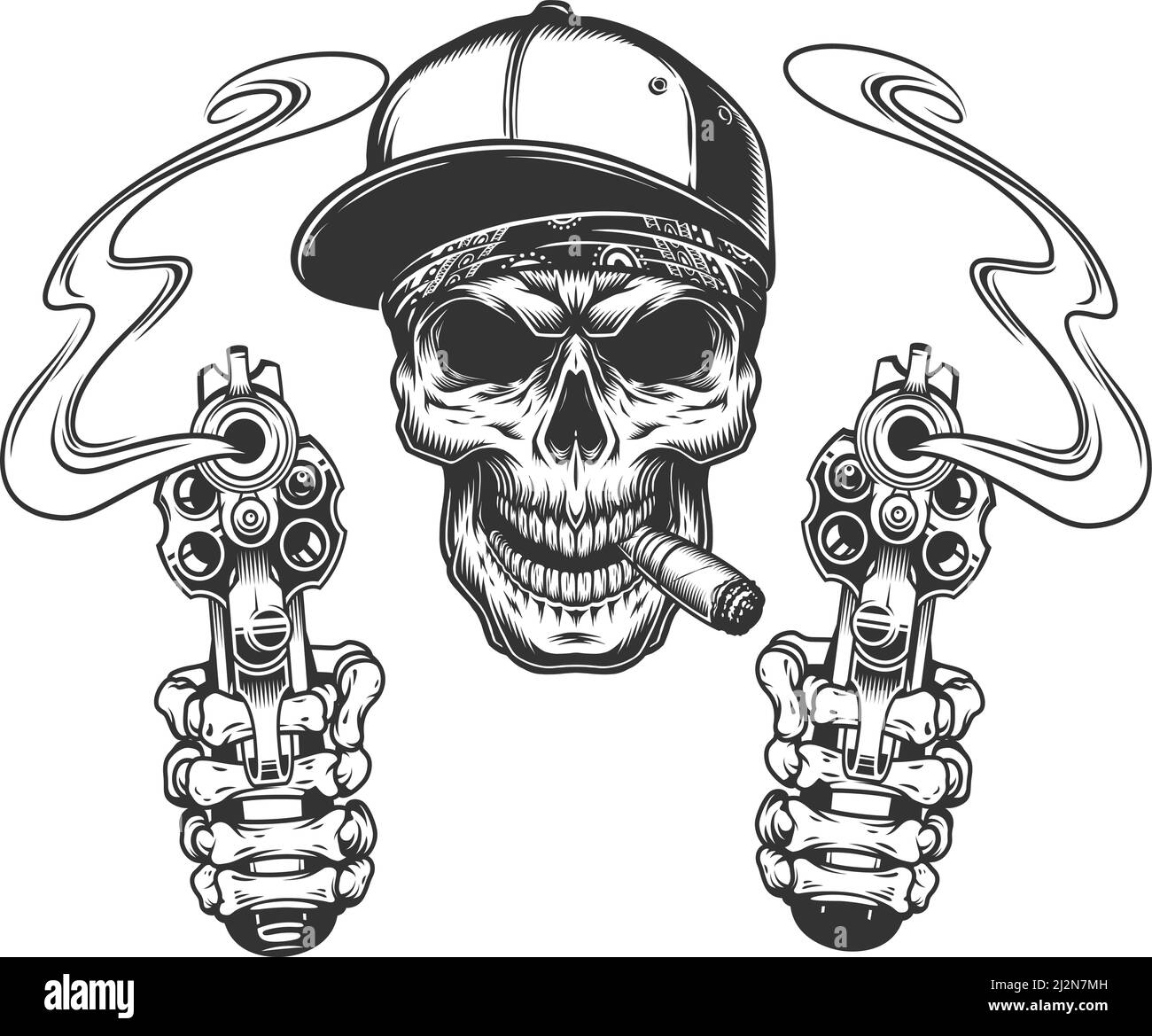 Skull smoking cigar in baseball cap with skeleton hands holding pistols ...