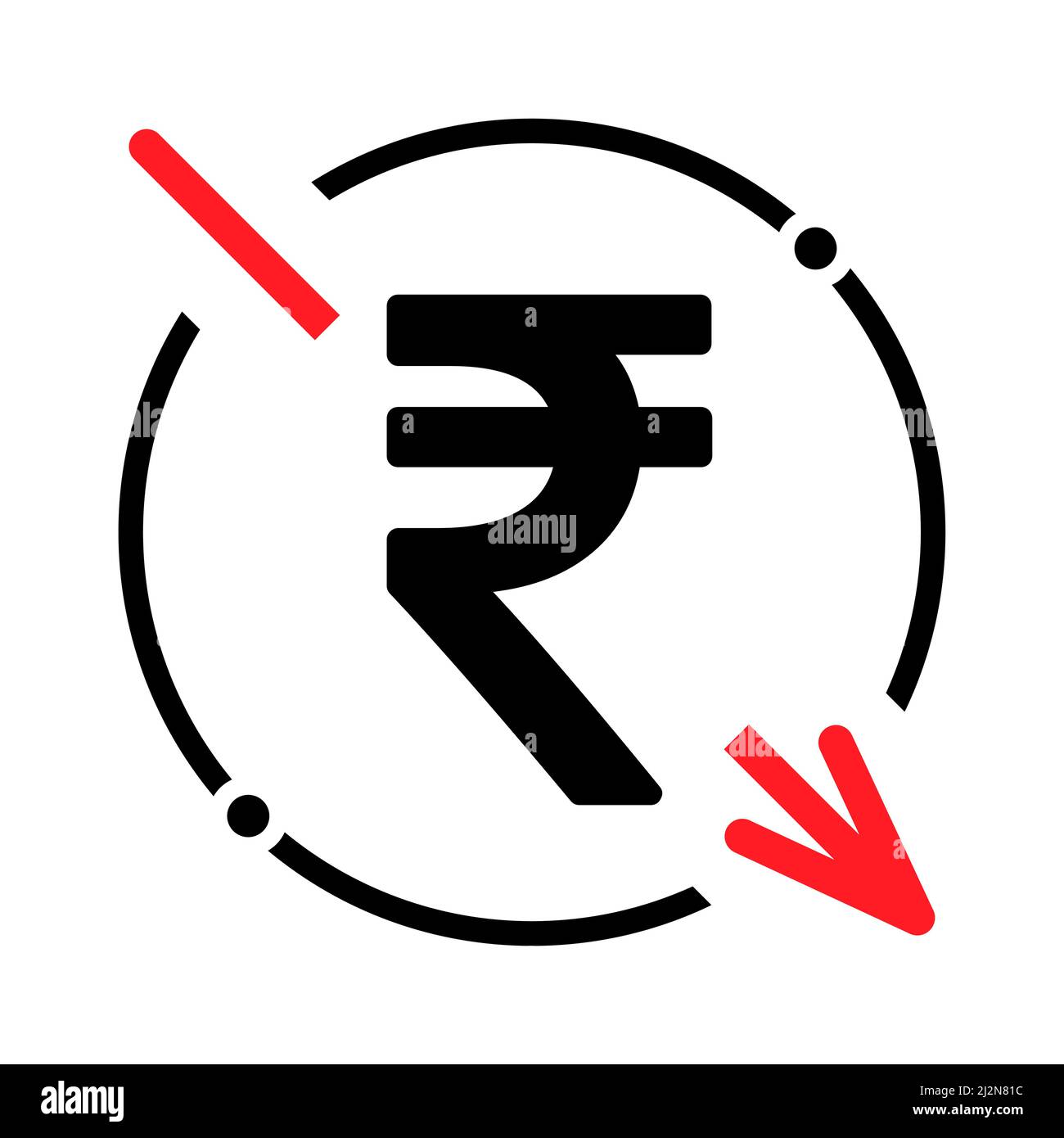 Cost reduction- decrease rupee icon. Vector symbol isolated on ...