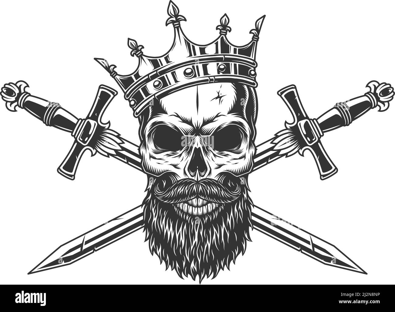 Vintage monochrome king skull in crown with beard mustache and crossed ...