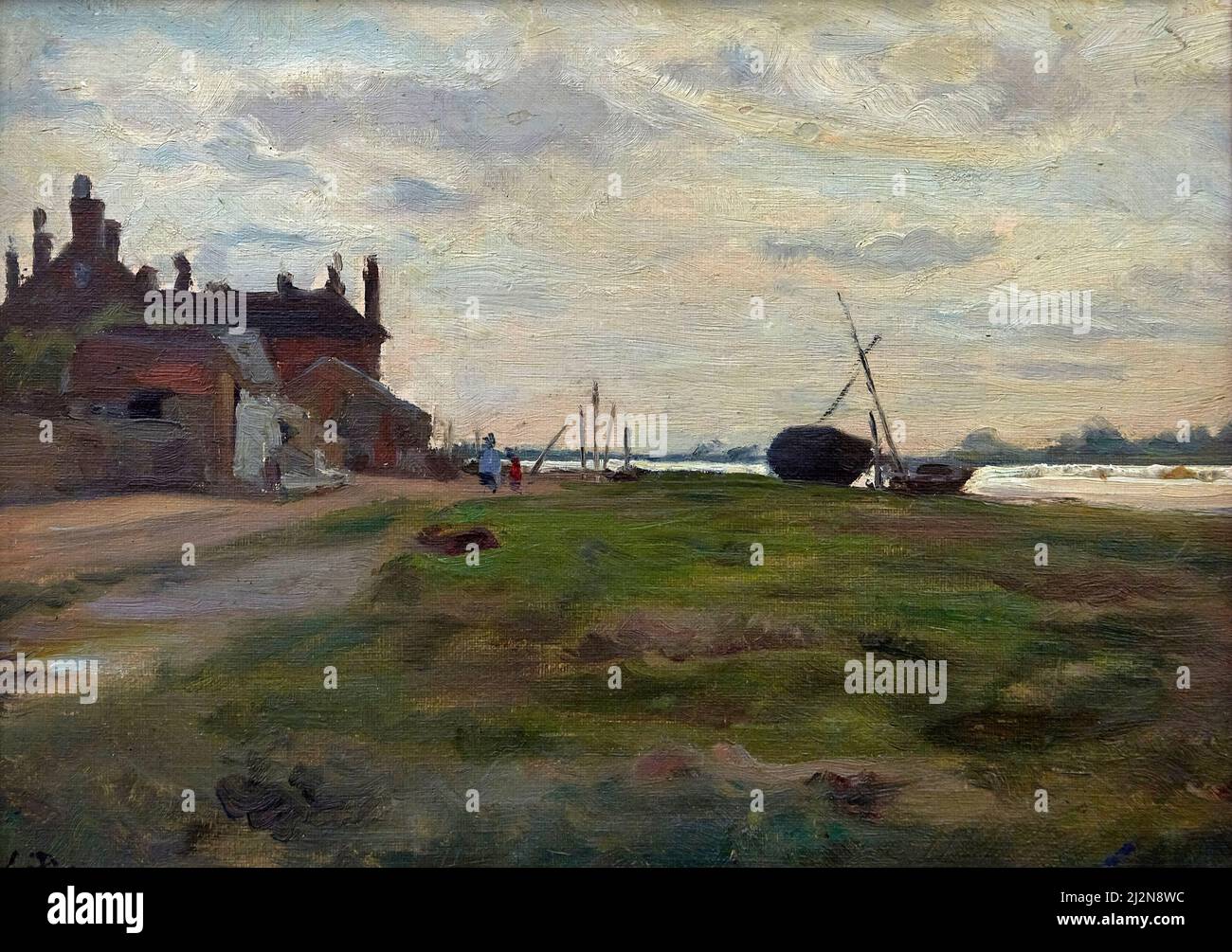 View with houses and boats on the river - oil on canvas cardboard ...