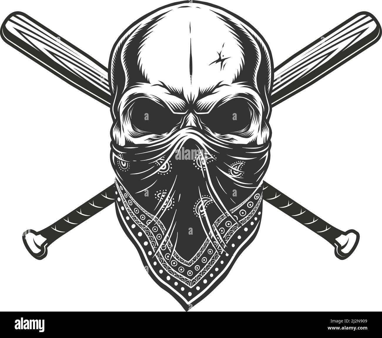 Vintage monochrome skull in bandana with crossed baseball bats isolated ...