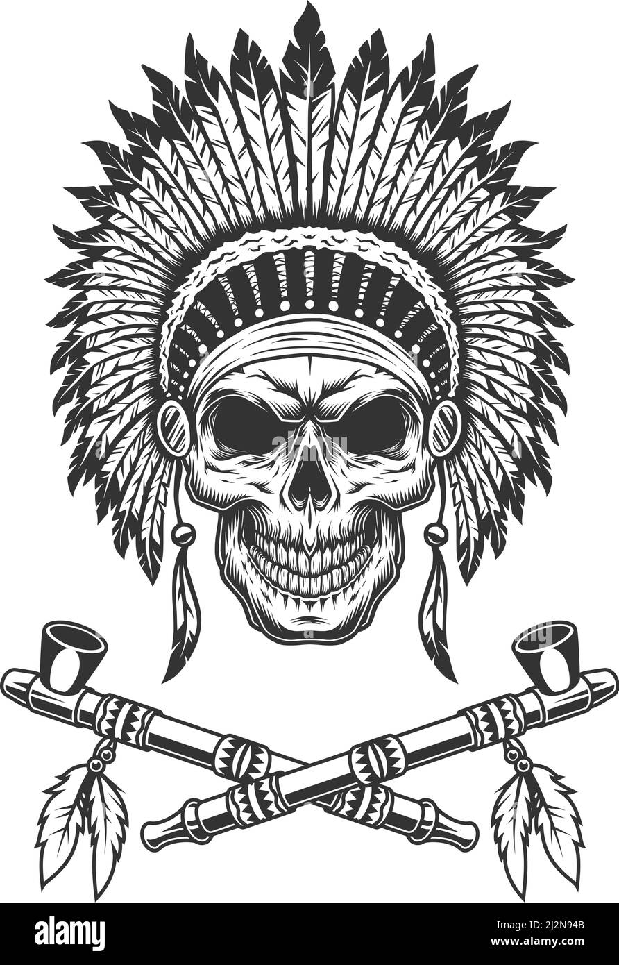 Vintage native american indian chief skull with feathers headwear and ...