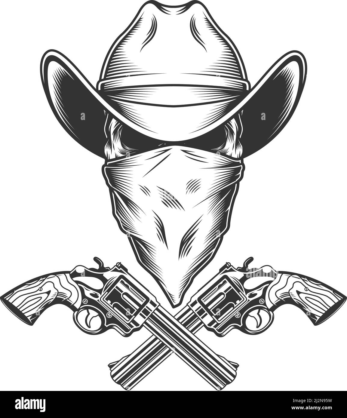 Vintage monochrome cowboy skull with scarf on face and crossed pistols ...