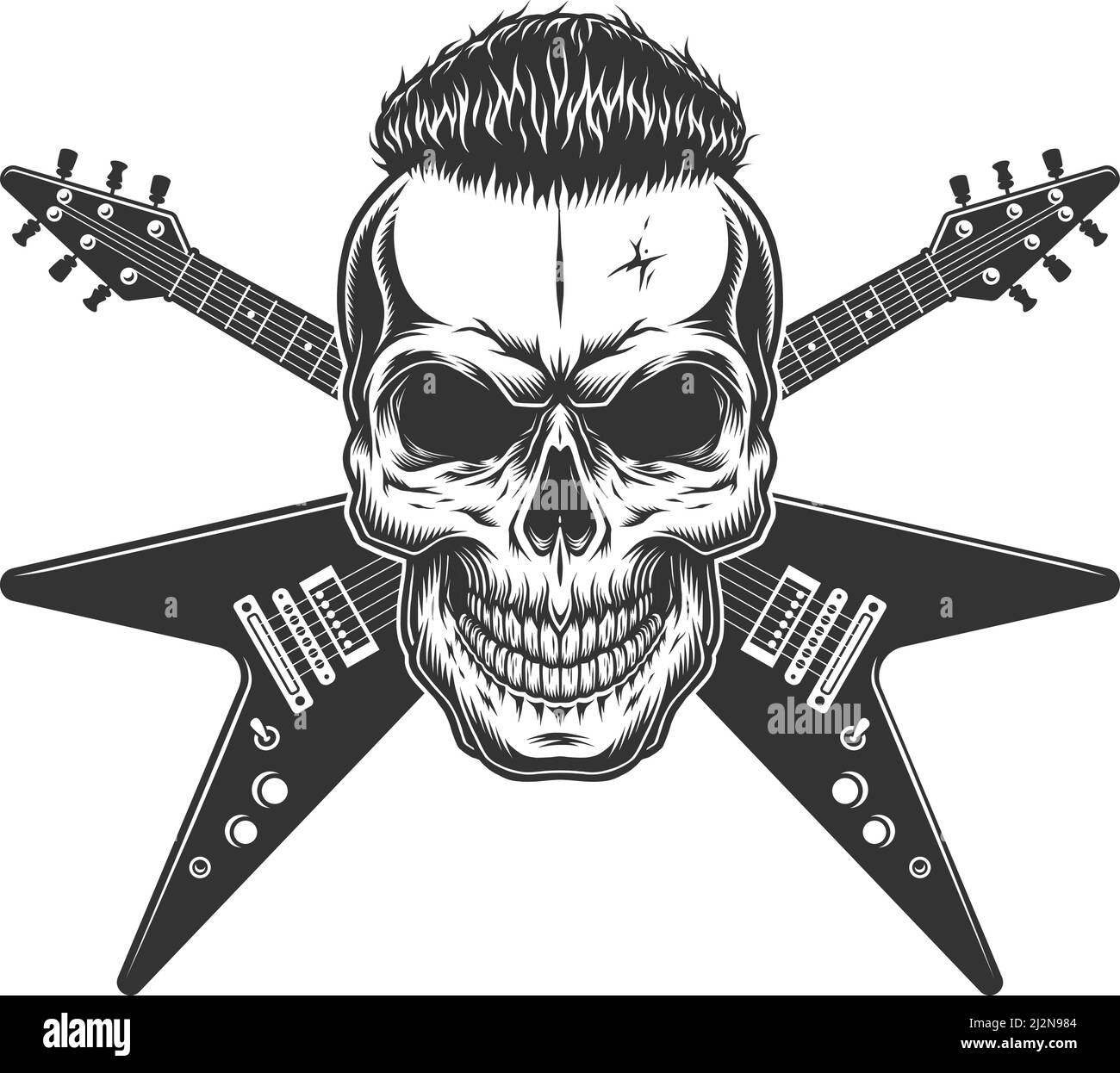 Rockstar skull with trendy hairstyle and crossed electric guitars in ...