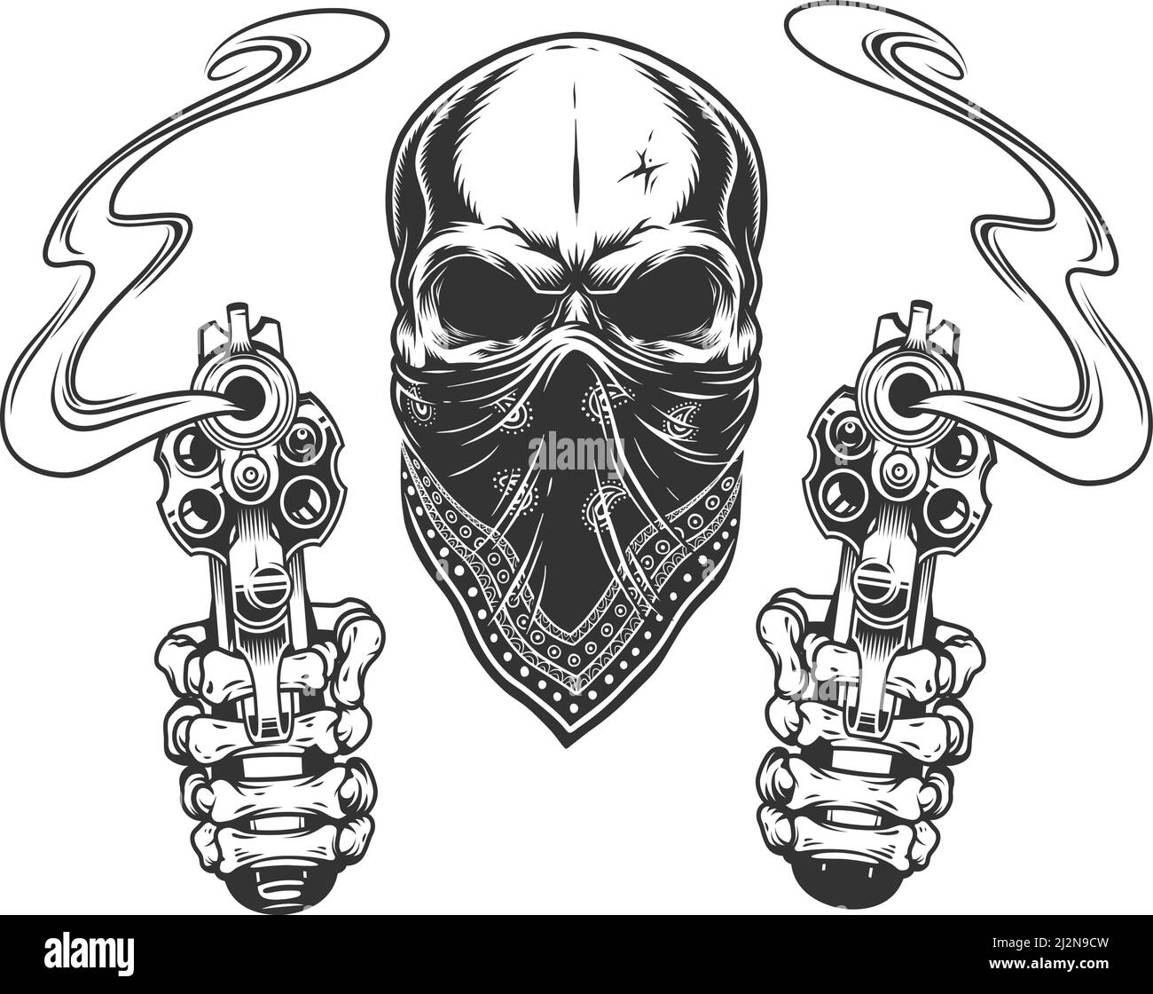 Vintage monochrome bandit skull in bandana and skeleton hands holding ...