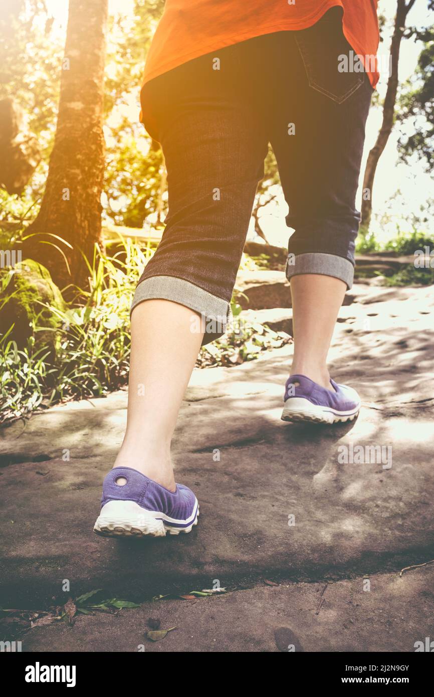 Closeup of tourist's feet on pathway in the forest. Woman walking ...