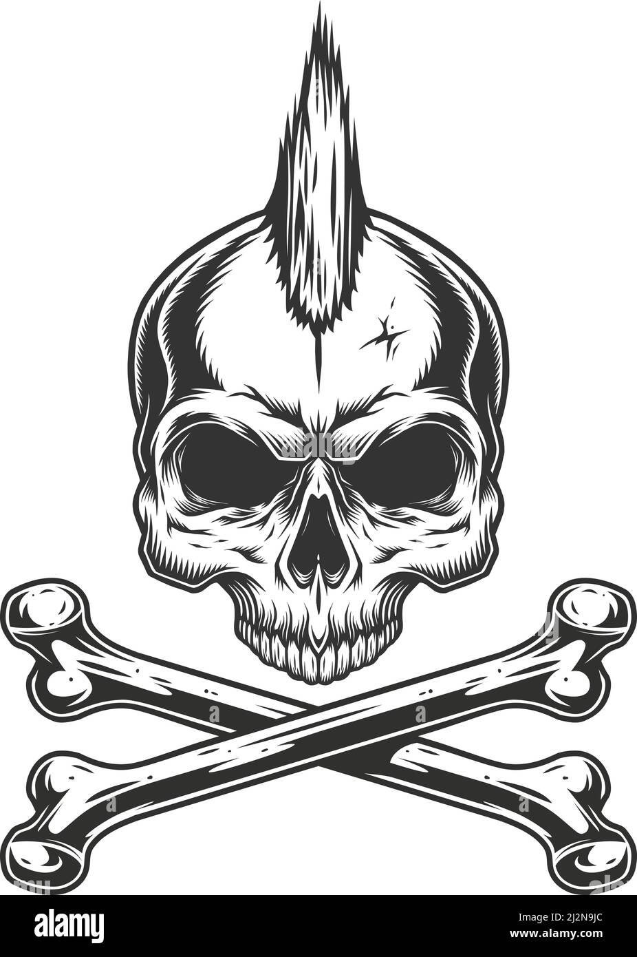 Vintage monochrome skull with mohawk and crossbones isolated vector ...