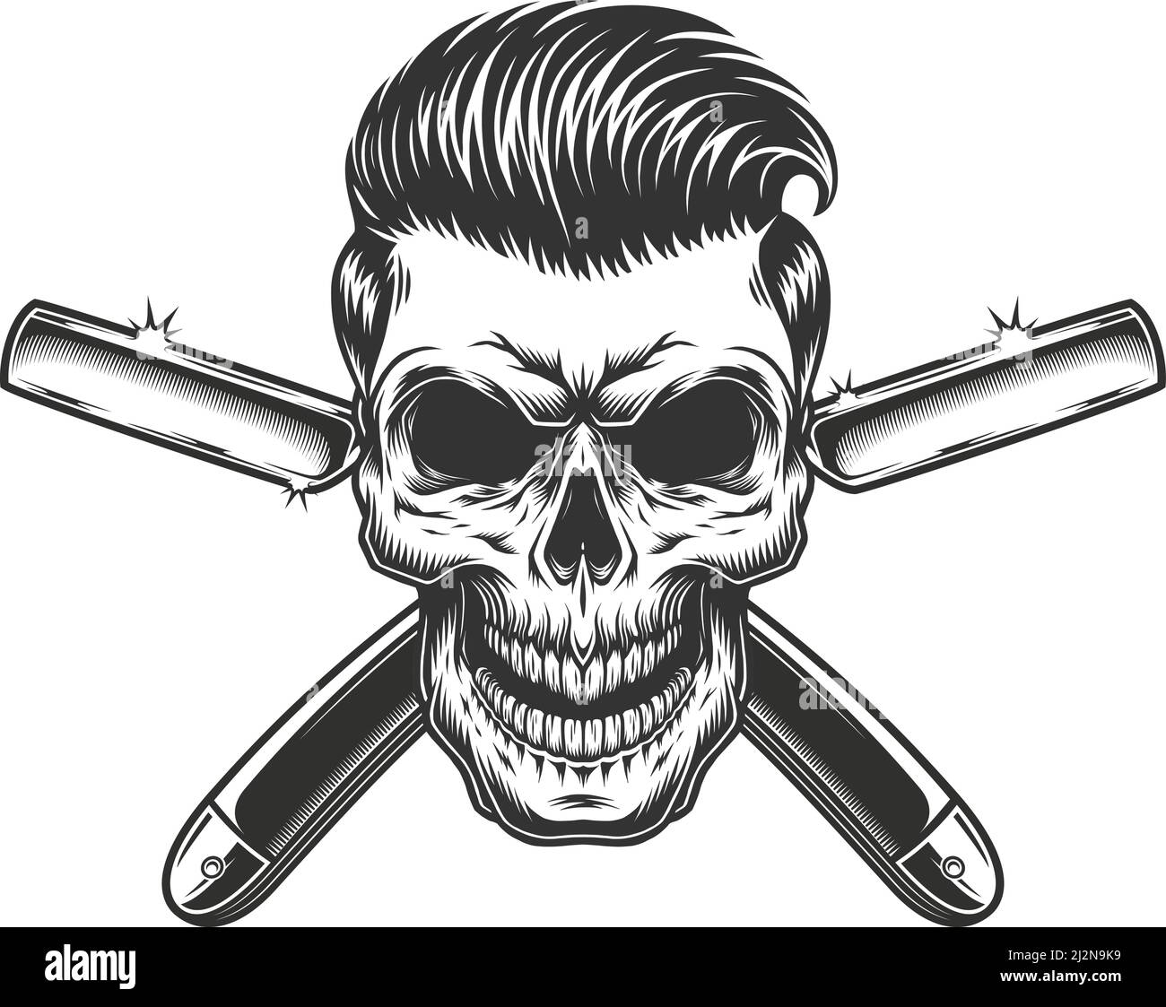 Barber skull with stylish hairstyle and crossed razors in vintage ...