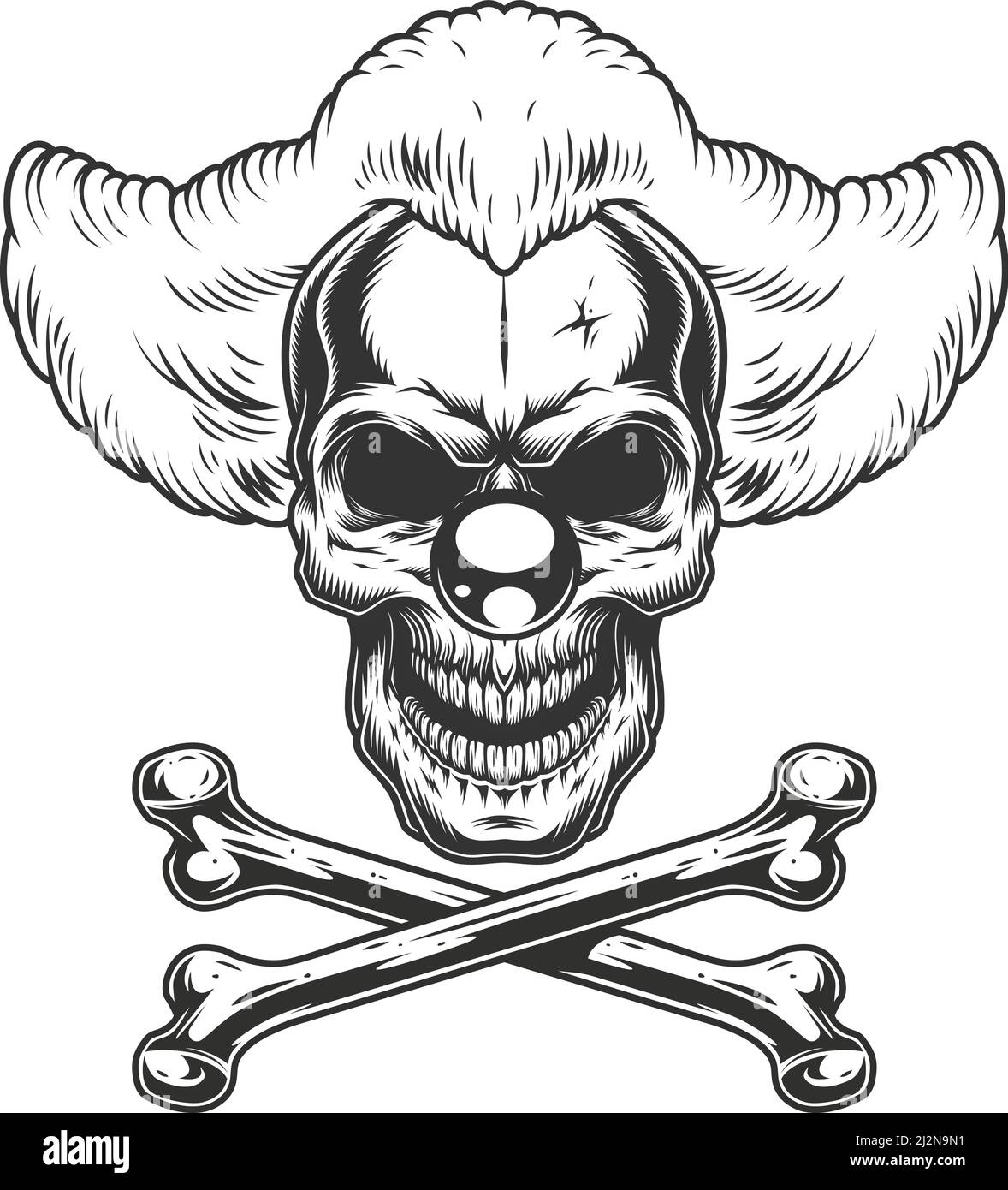 Vintage monochrome scary evil clown skull with crossbones isolated ...