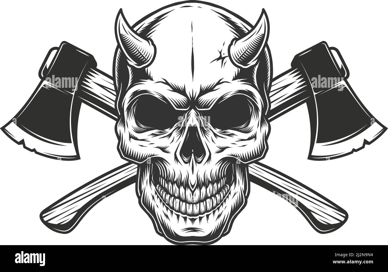 Vintage demon skull with horns and crossed axes in monochrome style ...
