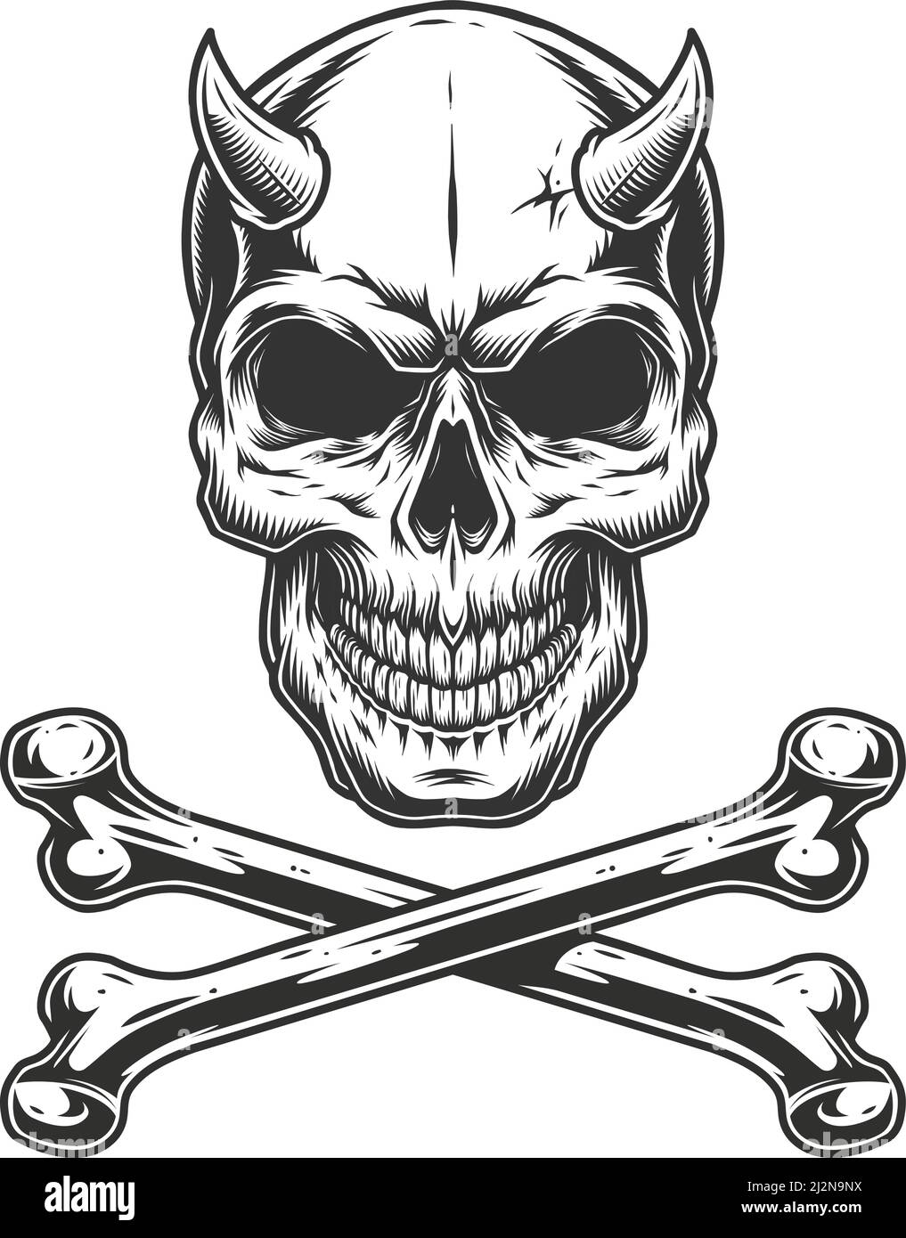 Vintage monochrome demon skull with horns and crossbones isolated ...
