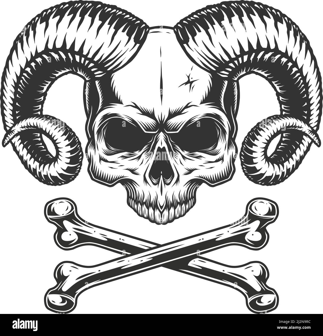 Devil skull without jaw with crossbones in vintage monochrome style ...