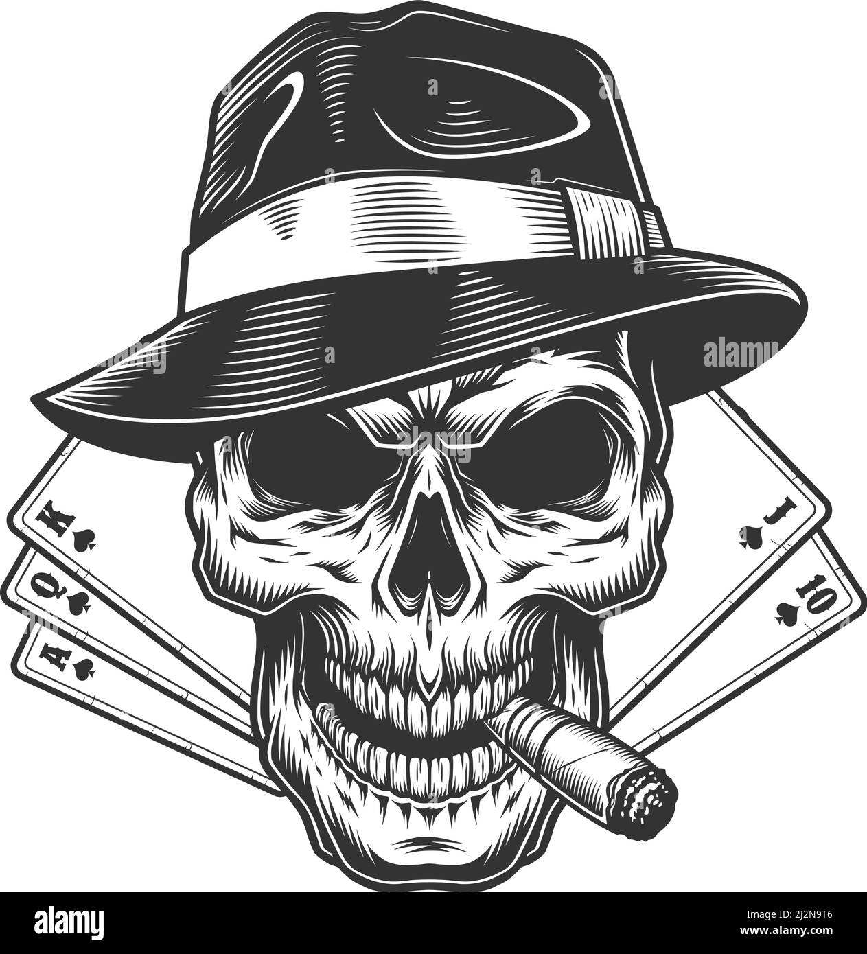 Vintage monochrome gambling concept with skull smoking pipe in fedora ...
