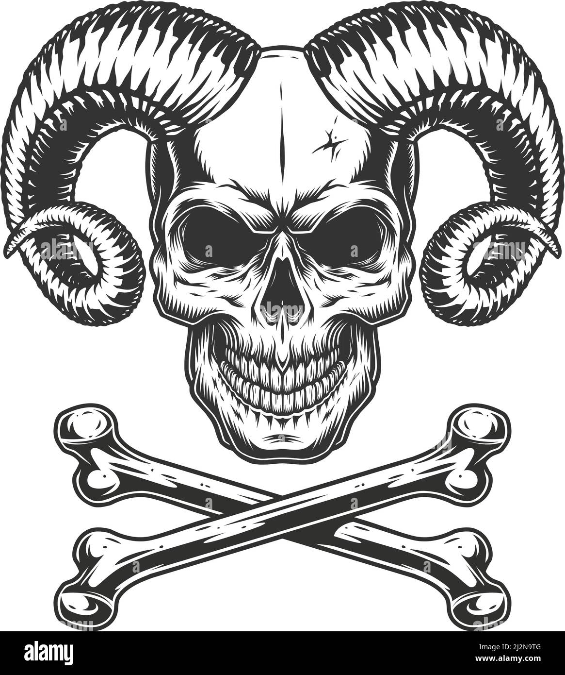 Vintage monochrome devil skull with crossbones isolated vector ...