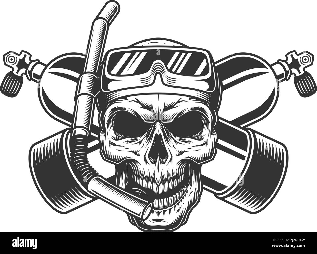Diver skull in scuba mask with crossed oxygen balloons in vintage ...