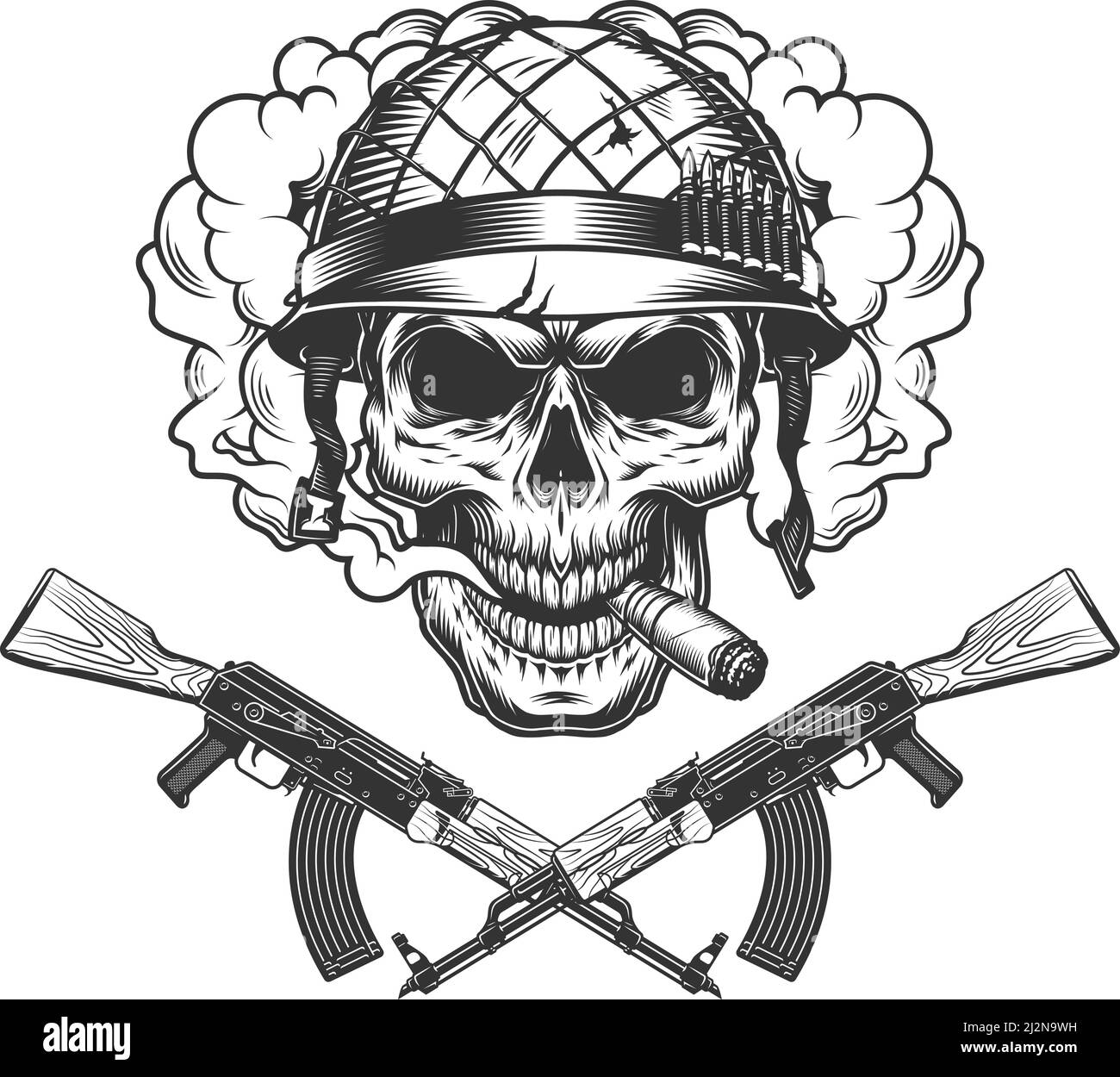 Skull in soldier helmet smoking cigar in smoke cloud with crossed ...
