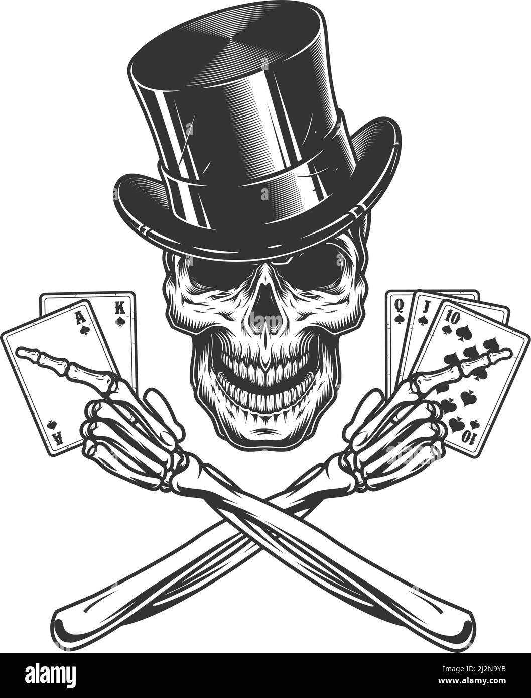 Vintage monochrome skull in cylinder hat and crossed skeleton hands ...