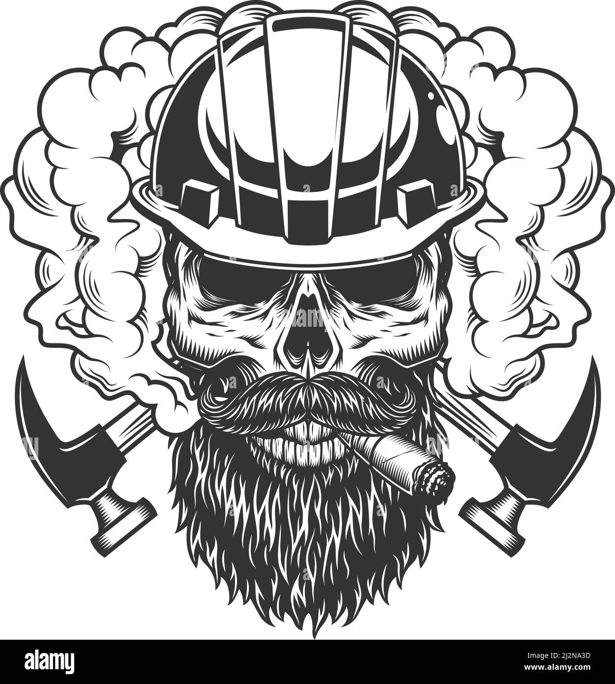 Vintage monochrome builder skull in smoke with beard mustache and ...