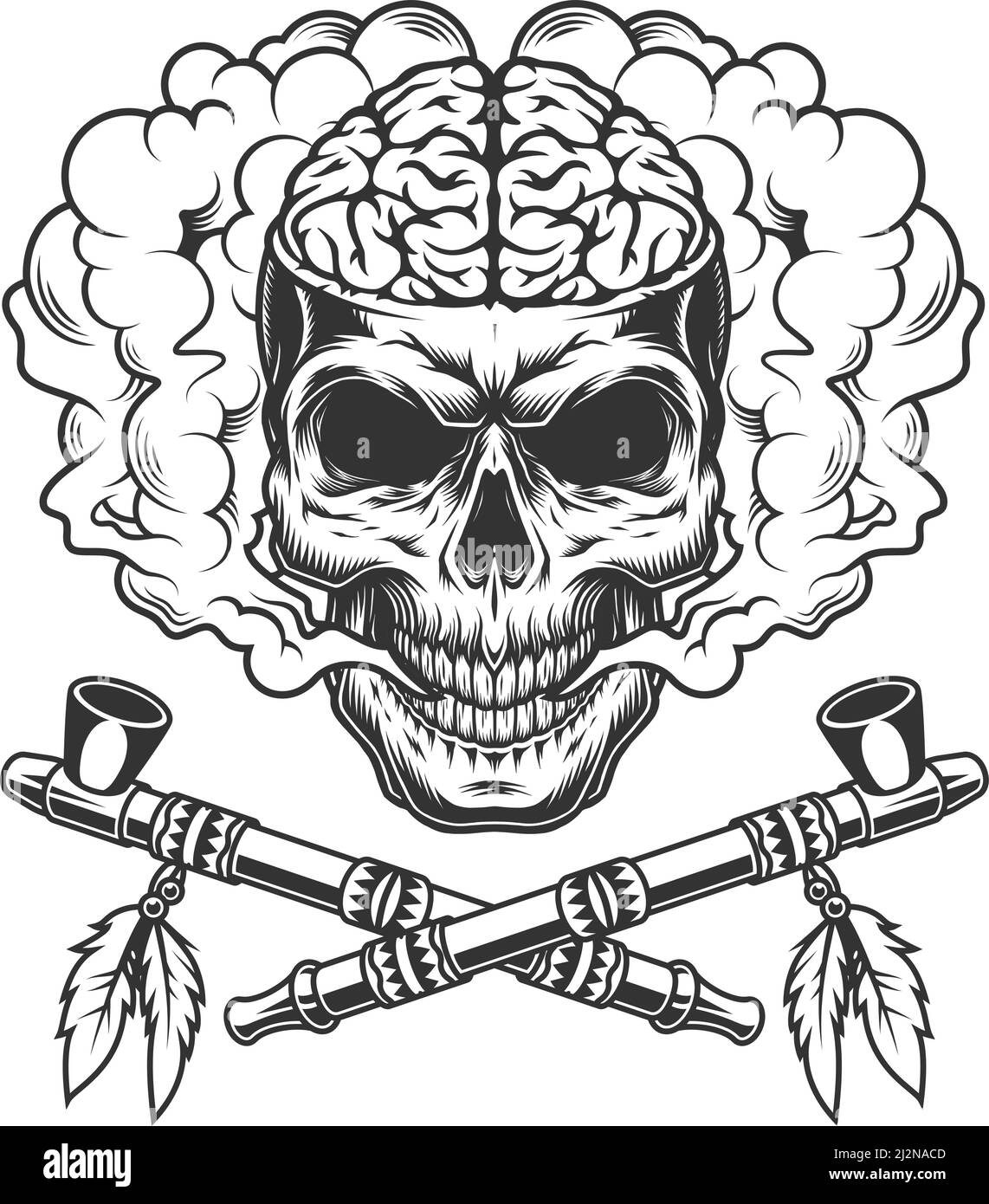 Skull with human brain in smoke cloud with crossed native american ...