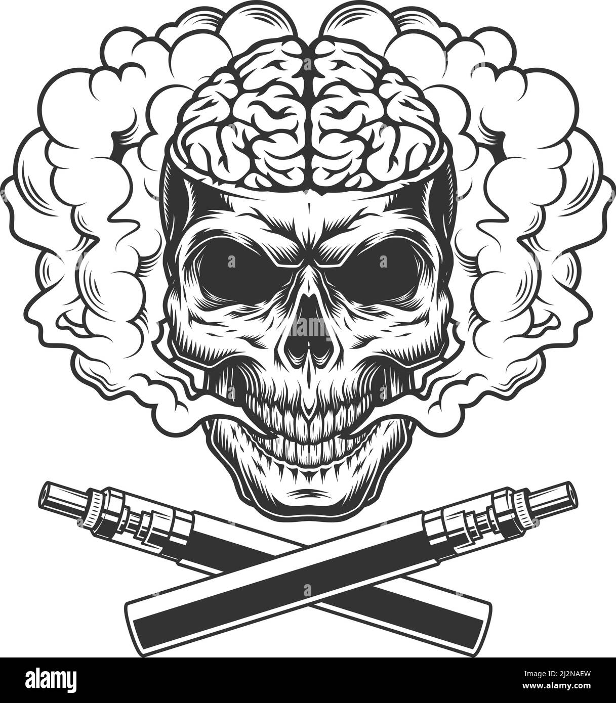 Vintage monochrome vaping concept of skull with human brain in smoke ...
