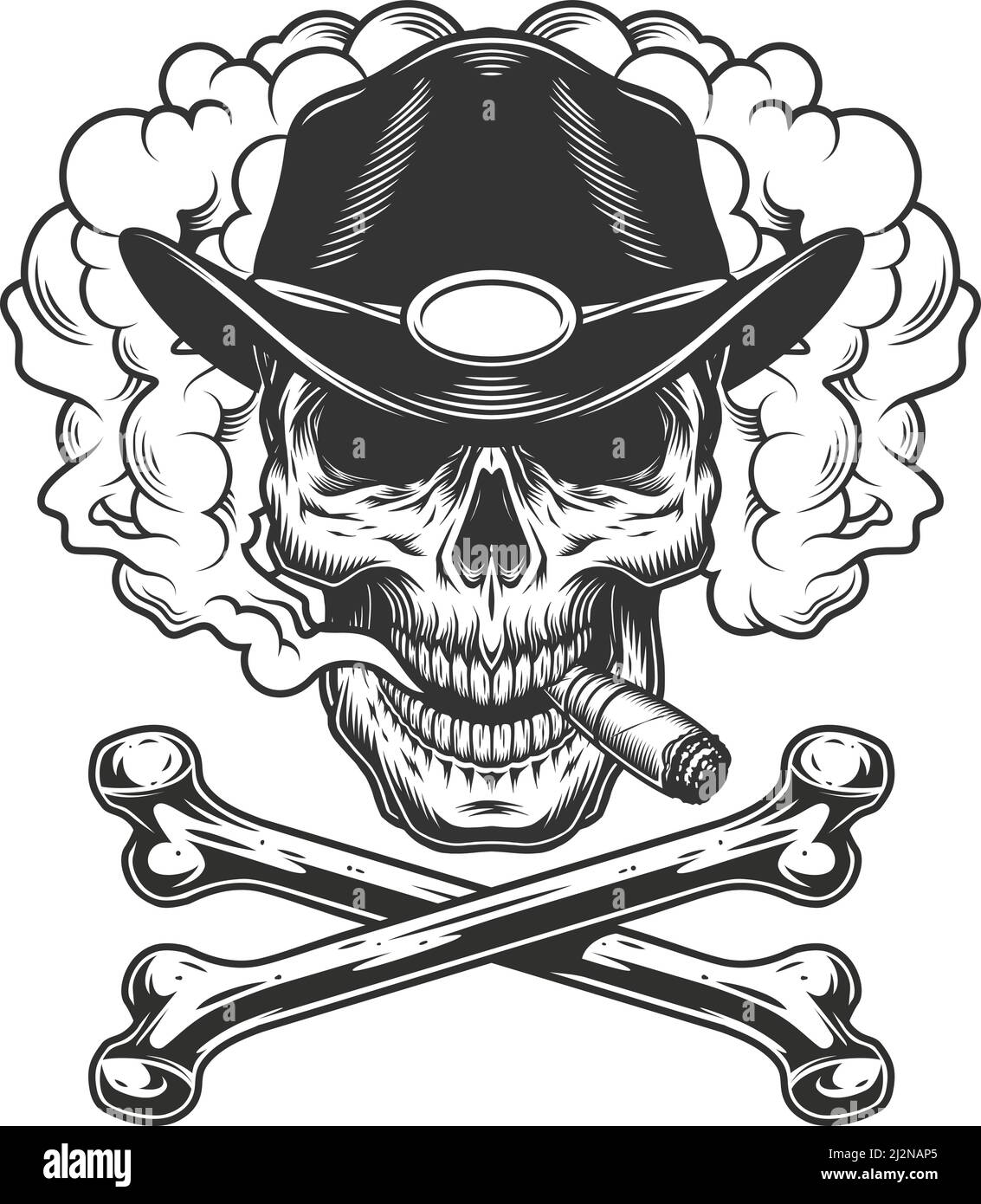 Vintage monochrome sheriff skull smoking cigar with crossbones isolated ...
