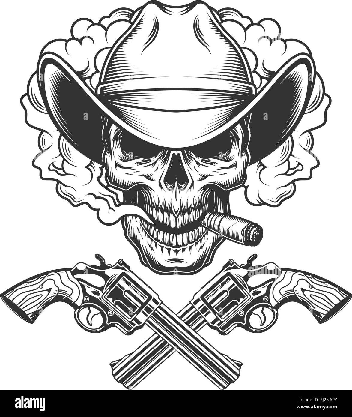 Vintage cowboy skull in smoke cloud with crossed pistols isolated ...