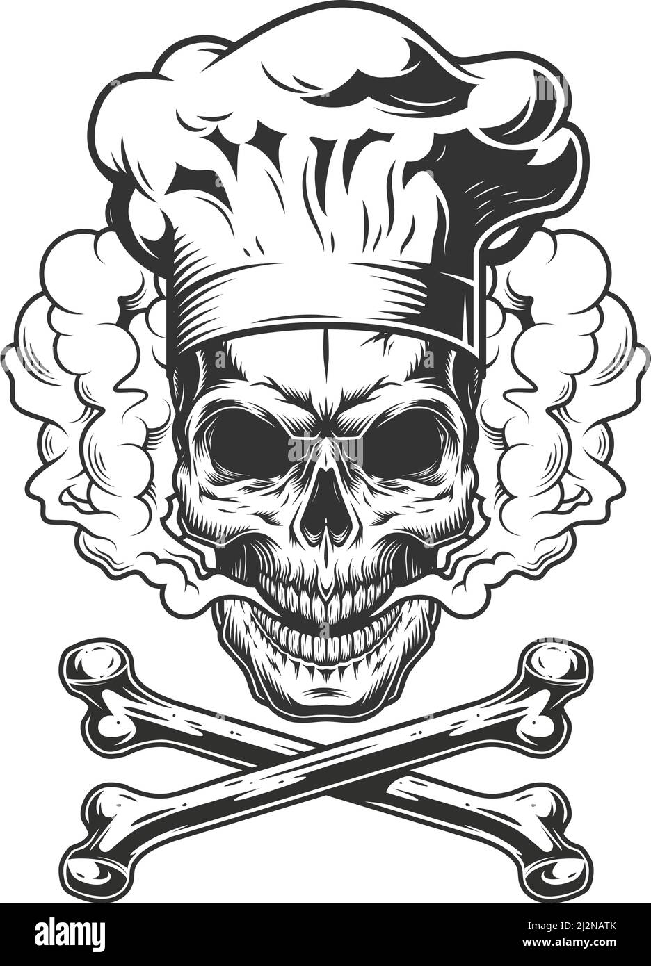 Vintage monochrome skull wearing chef hat in smoke cloud with ...