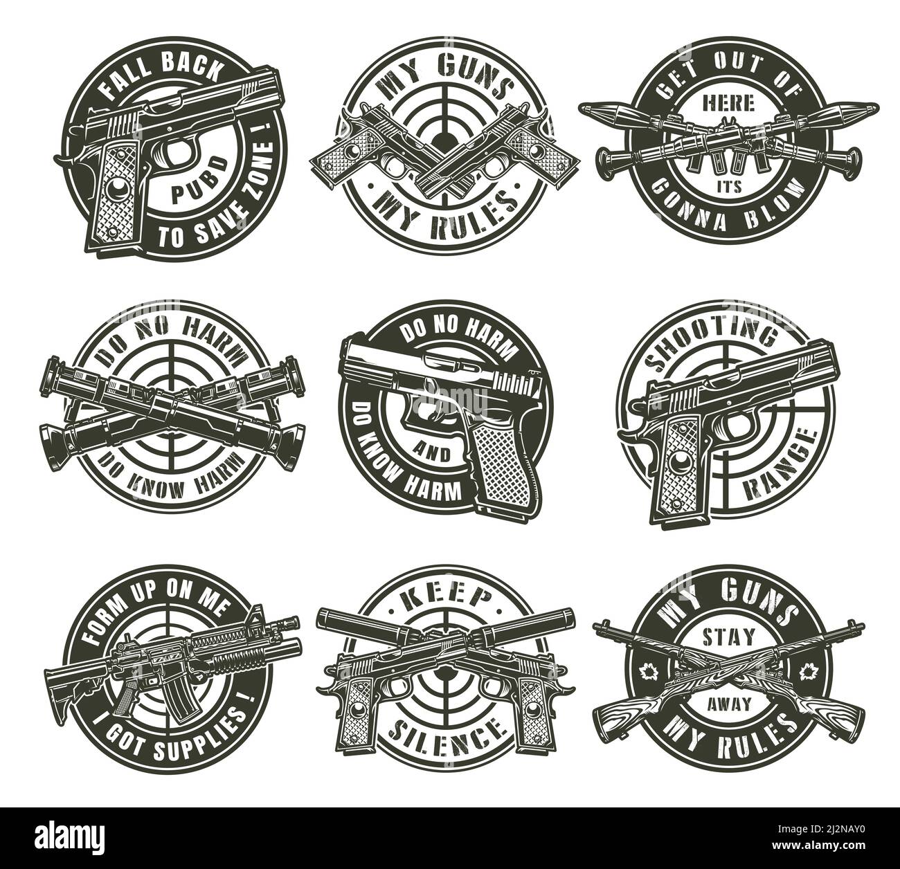 Vintage military labels with pistols assault rifle crossed bazookas ...