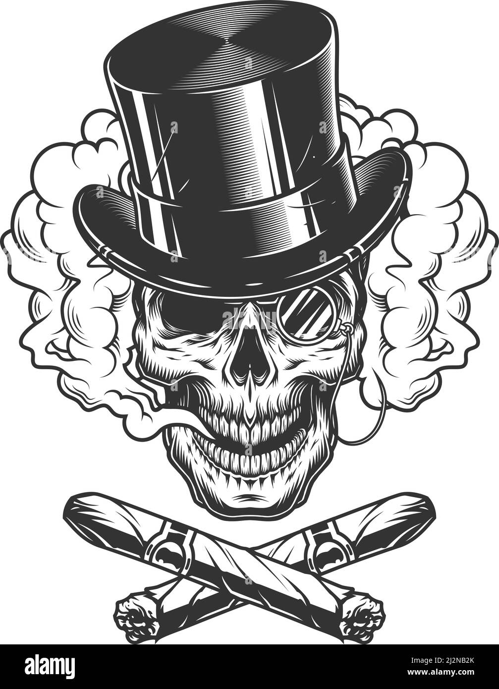 Gentleman skull wearing cylinder hat with rimless eyeglass and crossed ...