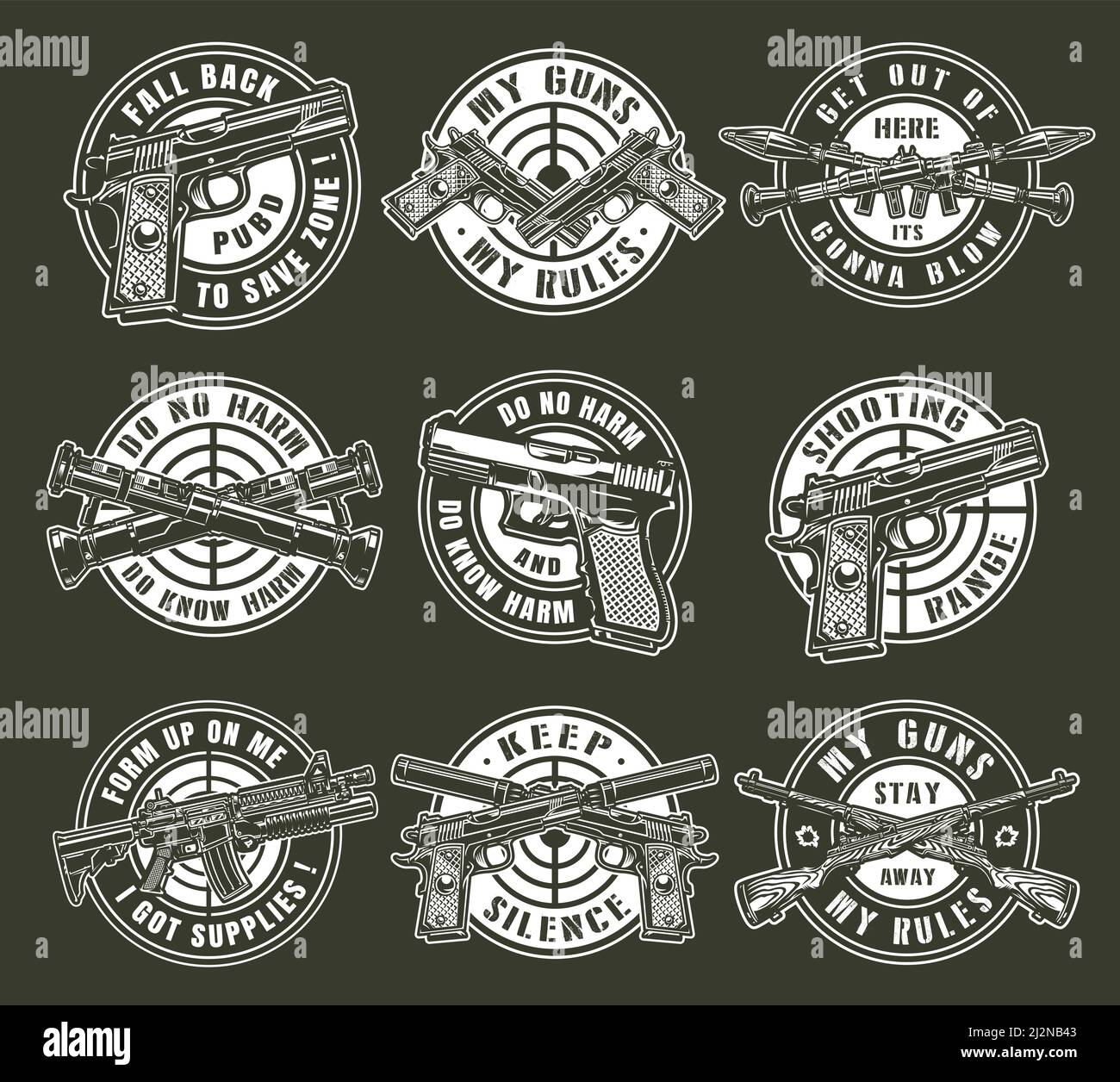 Vintage monochrome military weapons round emblems with crosshairs ...
