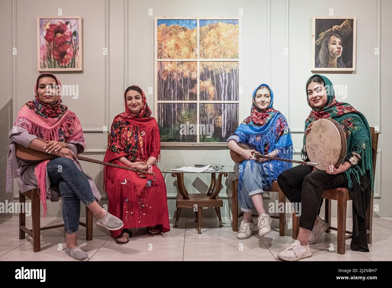 Girls singer folklore band posed before their show start. in Mashhad ...