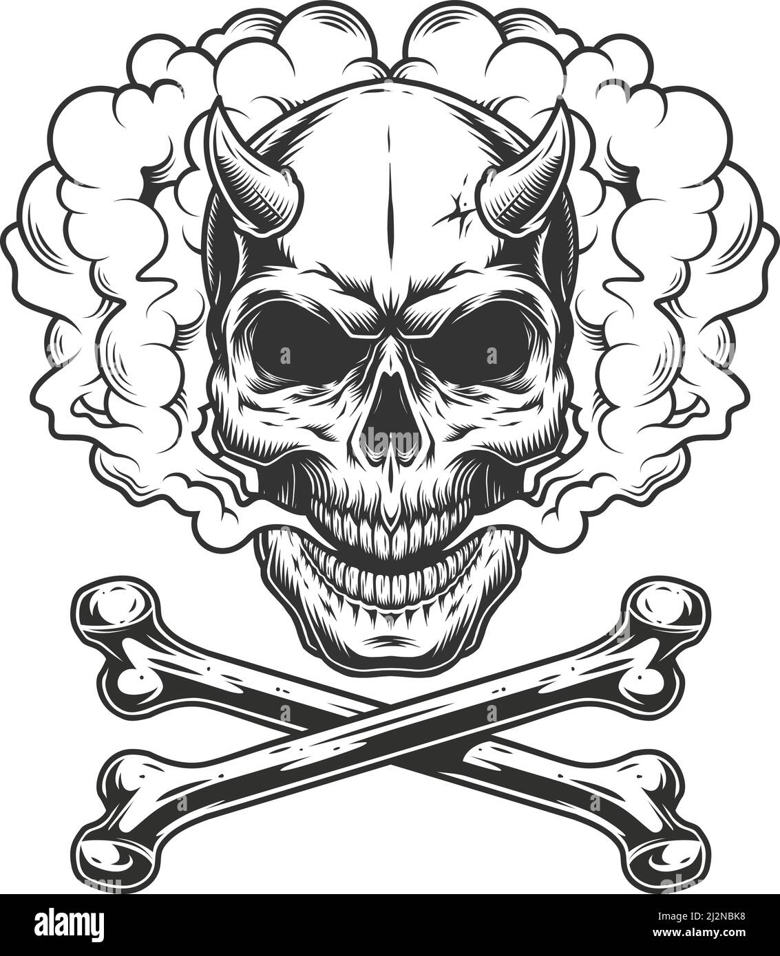 VIntage monochrome vaping concept with demon skull in smoke cloud and ...